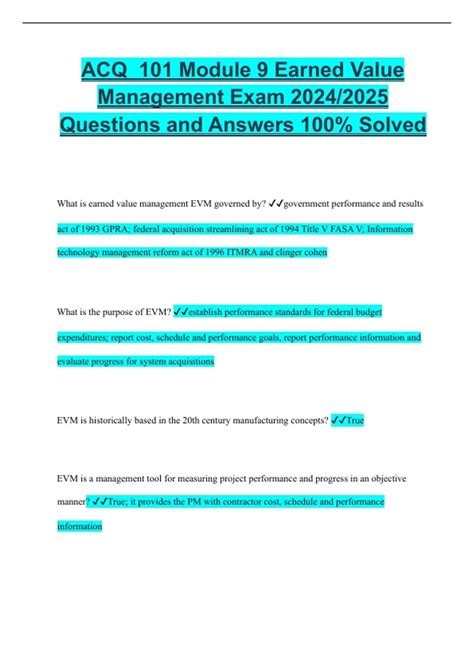 Acq 101 Module 9 Earned Value Management Exam 2024 2025 Questions And Answers 100 Solved Acq