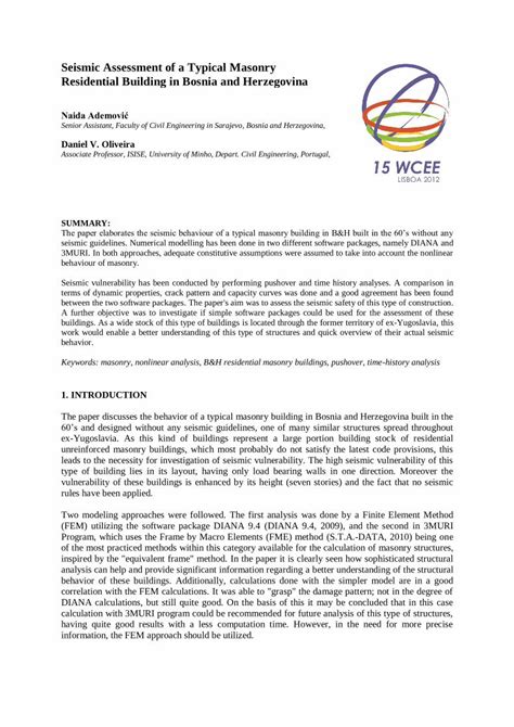 Pdf Seismic Assessment Of A Typical Masonry Residential · Construction Of These Blocks Was