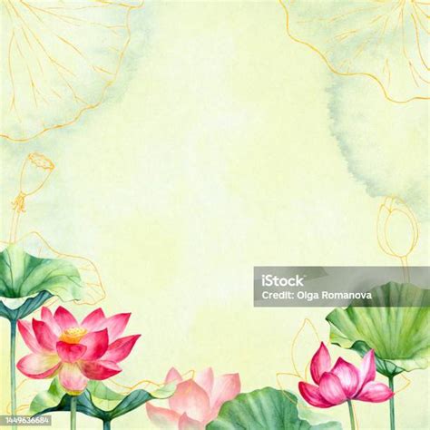 추상적인 배경을 가진 사각 수채화 연꽃 카드 연꽃 라인 아트 황금빛 질감이 있는 고급 벽지 디자인 손으로 그린 그림입니다 연꽃