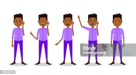 아프리카 십 대 소년 캐릭터 다른 포즈와 감정 전화 남성 보라색 양복 템플릿 설정 디자인 작업 및 애니메이션에 대 한 흰색 배경 전체 길이 플랫 사람에 개체 그룹에 대한