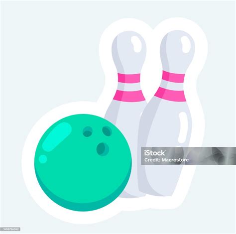 볼링공과 스키틀 스포츠 게임 및 경쟁 만화 스티커 디자인의 벡터 그림 0명에 대한 스톡 벡터 아트 및 기타 이미지 0명