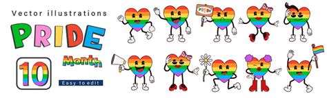 레인보우 하트 프라이드의 달 성소수자 Lgbtq 커뮤니티 레즈비언 소녀 사랑 요소 Lgbt 프라이드의 달 상징 하트 이모티콘 아이콘 및 그루비 축하 벡터 일러스트 레이 션