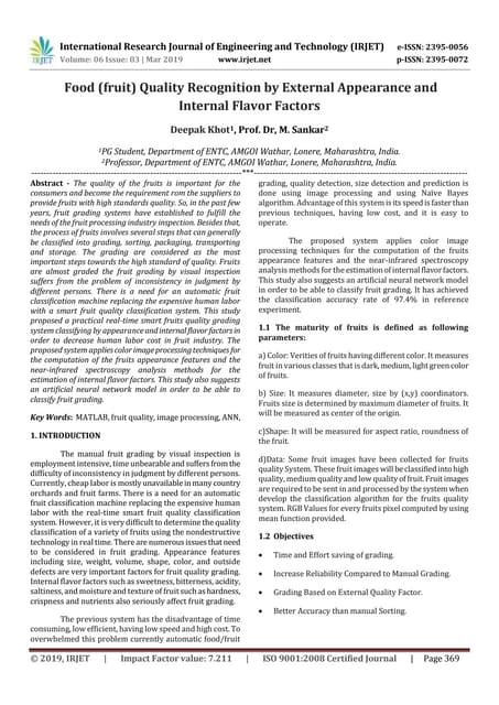 Irjet Food Fruit Quality Recognition By External Appearance And