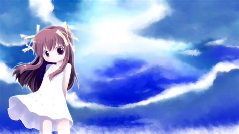Safebooru 1girl Arms Behind Back Bangs Blue Sky Brown Eyes Brown Hair Closed Mouth Clouds