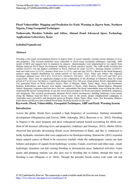 Flood Vulnerability Mapping And Prediction For Early Warning In Jigawa State Pdf Flood