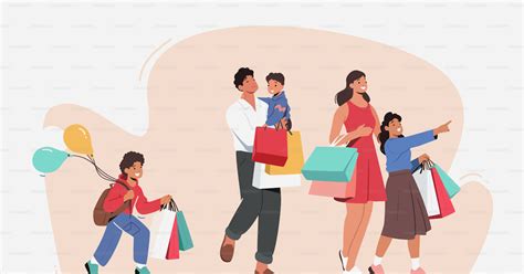 행복한 가족 쇼핑 아버지 어머니 어린 아이들이 종이 봉지와 풍선을 들고 슈퍼마켓을 방문하고 주말에는 상점 시장에서 부모와