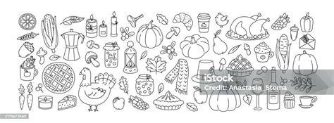 추수 감사절 항목을 수집합니다 전통적인 가을 상징 및 요소 세트입니다 간단한 윤곽선 그림입니다 어린이를 위한 색칠 공부를 위한 디자인 요소를 수확하세요 손으로 그린 고립