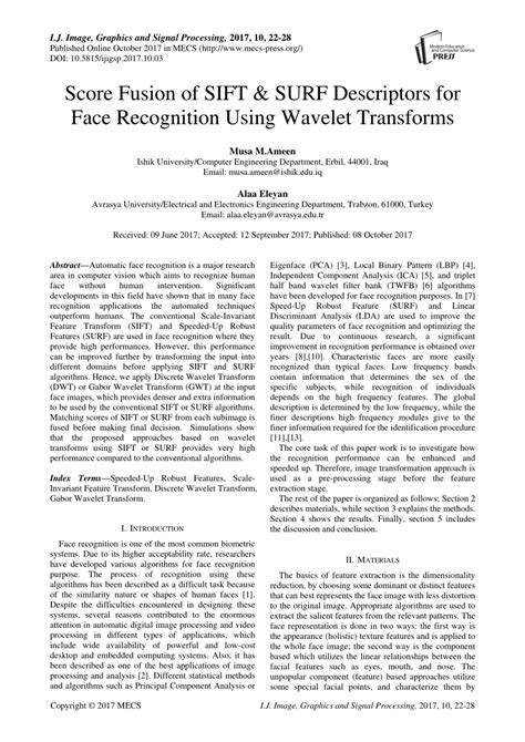 Pdf Score Fusion Of Sift And Surf Descriptors For Face Recognition Using Wavelet Transforms