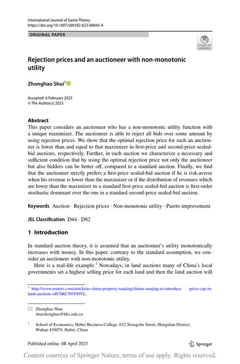 PDF Rejection Prices And An Auctioneer With Non Monotonic Utility