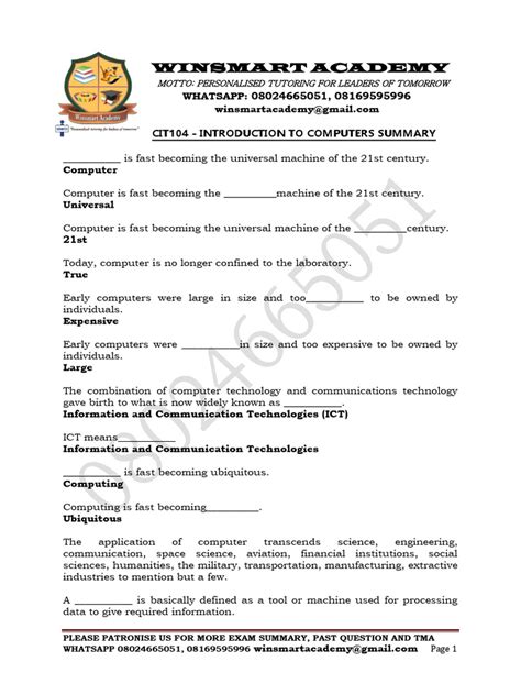 Cit104 Introduction To Computers Summary 08024665051 Download Free