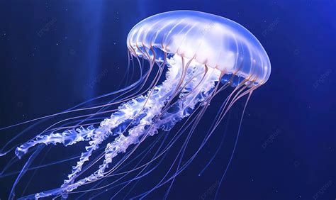 A Giant Jellyfish With Long Tentacles Floats In The Deep Blue Sea