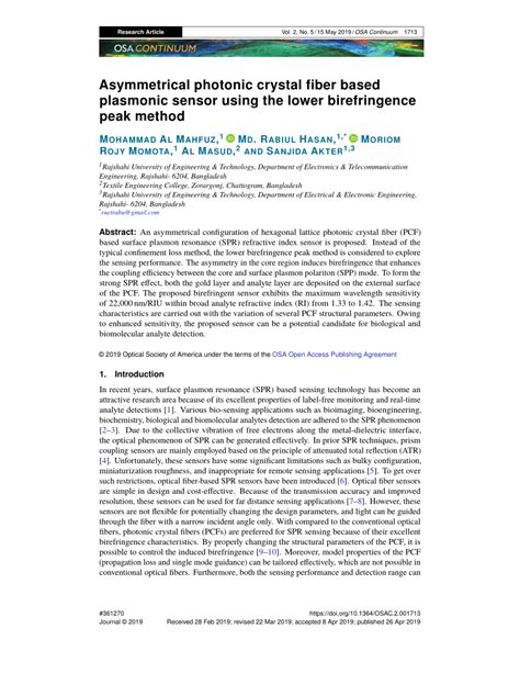 Pdf Asymmetrical Photonic Crystal Fiber Based Plasmonic Sensor Using The Lower Birefringence
