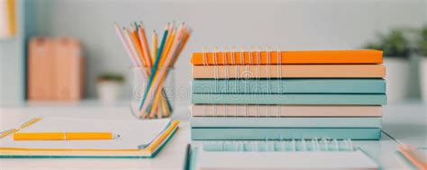 Colorful Notebooks And Binders In A Classroom Close Up Focus On Copy