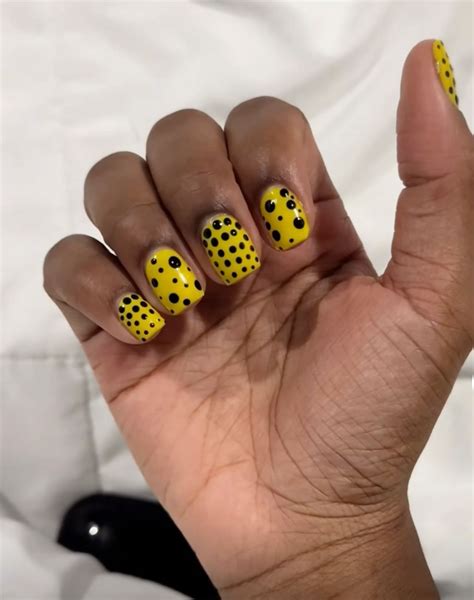 Yellow And Black Polka Dot Nails Short Square Nail Design Inspo Short Manicure Designs Funky