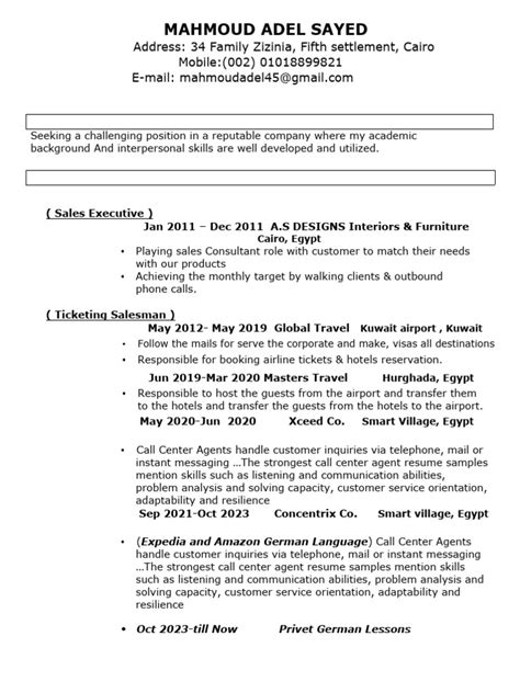 Mahmoud Adel Resume 2 Pdf Call Centre Human Communication