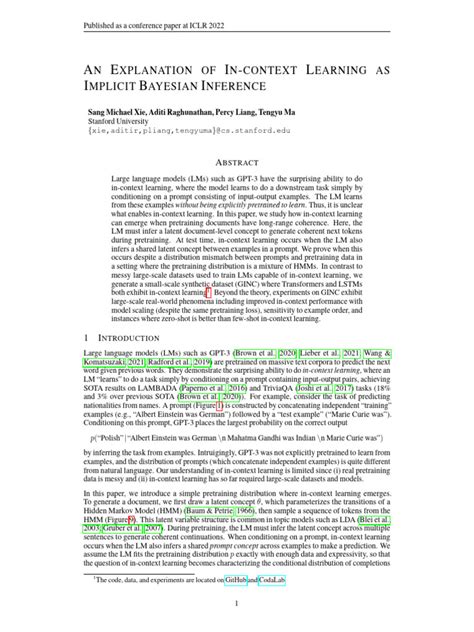 An Explanation Of In Context Learning As Implicit Bayesian Inference Pdf Statistical