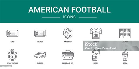 티켓 티켓 무릎 보호대 티셔츠 사물함 스톱워치 클리트 벡터 아이콘과 같은 10 개의 개요 웹 미식 축구 아이콘 세트 보고서