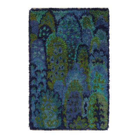 Vintage Swedish Rya Rug Blue And Green Scandinavian Scale Pattern