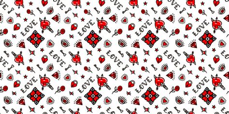 사랑 기호와 오래 된 학교 문신 원활한 패턴 발렌타인 데이를 위한 디자인 고풍스런에 대한 스톡 벡터 아트 및 기타 이미지 고풍스런 꽃 식물 낙서 드로잉 Istock
