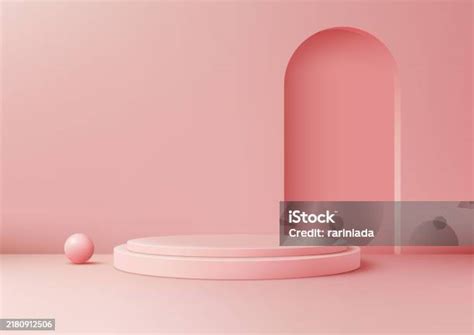 제품 디스플레이를 위한 원형 연단과 구가 있는 핑크 3d 미니멀리스트 장면과 부드러운 파스텔 인테리어의 현대적인 쇼케이스 분홍에 대한 스톡 벡터 아트 및 기타 이미지