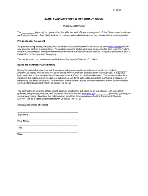 Fillable Online Sample Agency Federal Debarment Policy Fax Email
