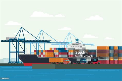 화물 물류 트럭 및 운송 컨테이너 배 작업 크레인 가져오기 내보내기 전송 업계 배송 마당에 일러스트 벡터 벌크 화물선에 대한 스톡 벡터 아트 및 기타 이미지 Istock