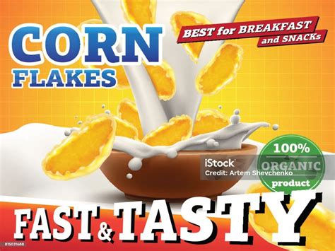 큰 우유 스플래시와 현실적인 콘플레이크 광고 일러스트 광고 전단지 포스터 또는 라벨 디자인을 위한 고품질 예술 3차원 형태에 대한 스톡 벡터 아트 및 기타 이미지 Istock