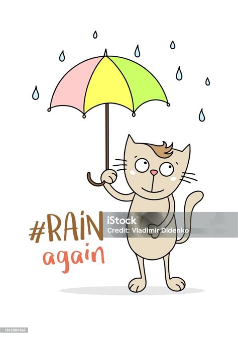 화려한 우산과 재미 고양이 소년 비 아래 스탠드 벡터 만화 일러스트 포스터 귀여운에 대한 스톡 벡터 아트 및 기타 이미지 귀여운 날씨 노랑 Istock