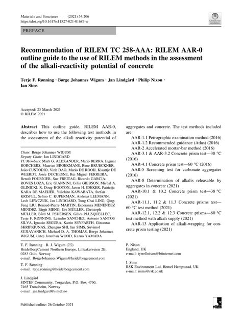 Pdf Recommendation Of Rilem Tc 258 Aaa Rilem Aar 0 Outline Guide To The Use Of Rilem Methods