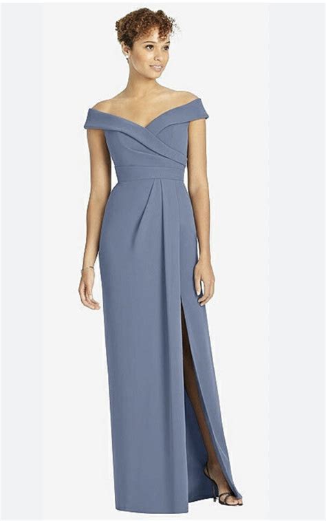 Davids Bridal Bridesmaid Dress Steel Blue Size 6 Maxi Slit Off Shoulder