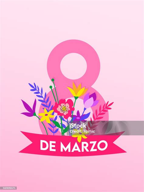3월 8일 스페인어 국제 여성의 날 꽃과 분홍색 배경에 포스터 또는 배너 봄 식물 나뭇잎 및 꽃의 장식과 함께 3 월 기호 프로모션 및 쇼핑 템플릿 0명에 대한 스톡 벡터