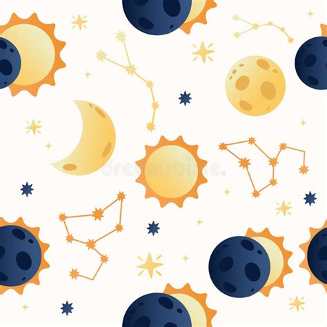 Solar Eclipse Seamless Pattern In Flat Cartoon Style Stock Vector