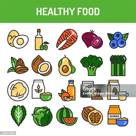 적절한 영양 색상 선 아이콘 세트 건강하고 유기농 식품 격리된 벡터 요소입니다 웹 페이지 모바일 앱 프로모션에 대한 개요 그림