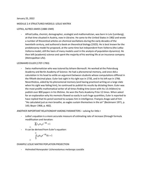 January 25 Structured Models Leslie Matrix Example Leslie Matrix Population Projection