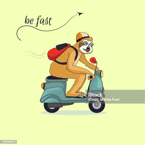 파란색 스쿠터를 타고 사랑스러운 나무늘보 나무늘보가 헬멧과 빨간 배낭을 타고 오토바이를 타고 이동합니다 0명에 대한 스톡 벡터