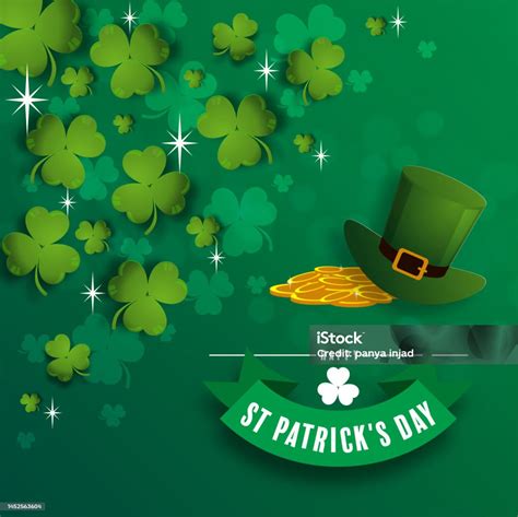 성 패트릭의 날 휴일 초대 기업 휴일 레프러콘 모자 토끼풀 금화 냄비 무지개 배경색 벡터 그림입니다 St Patricks Day에 대한 스톡 벡터 아트 및 기타 이미지