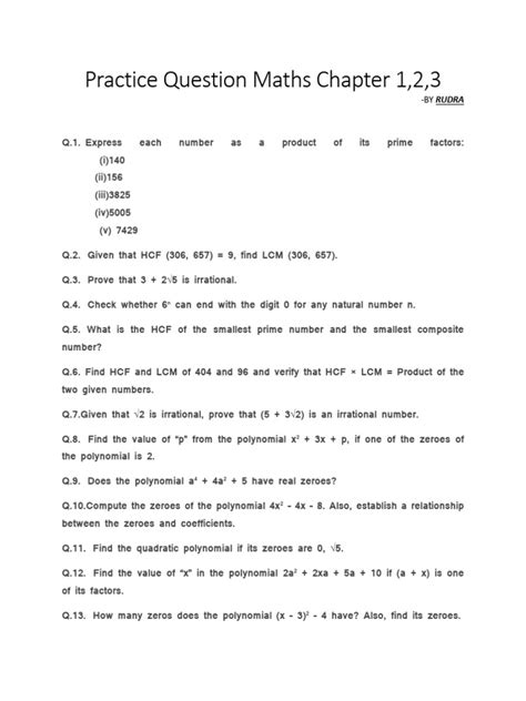 Practice Question Maths Chapter 1 Pdf Polynomial Quadratic Equation