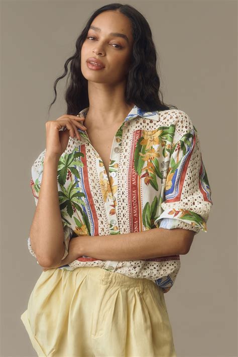 Farm Rio 트로피컬 데스티네이션 리넨 크로셰 셔츠 앤트로폴로지 한국 공식 스토어 유니크한 여성 패션 및 라이프스타일