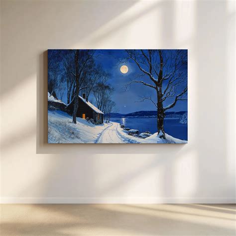 Luna Canvas Wall Art Winter Cabin Lake Moon By Kevin Kia Art Academi