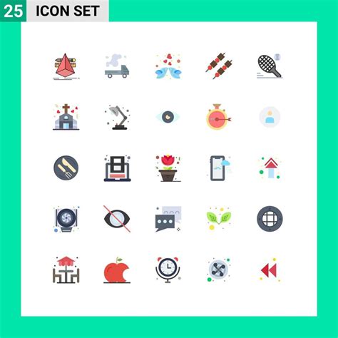 Group Of 25 Modern Flat Colors Set For Tennis Food Pollution Barbeque Love Editable Vector