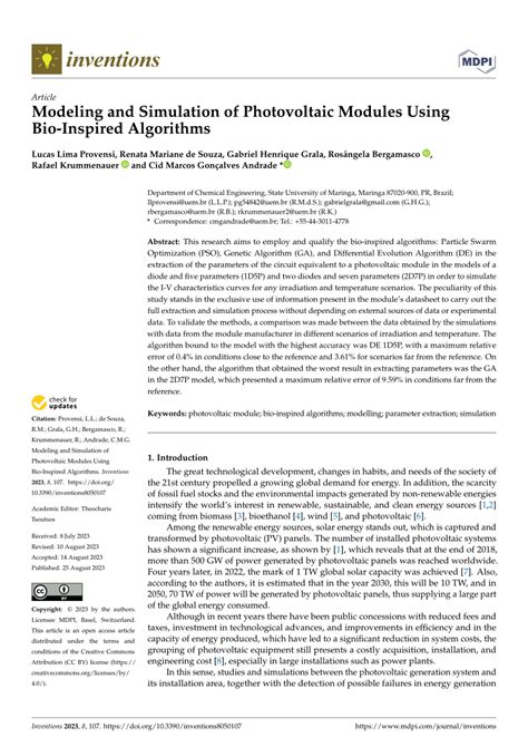 Pdf Modeling And Simulation Of Photovoltaic Modules Using Bio Inspired Algorithms