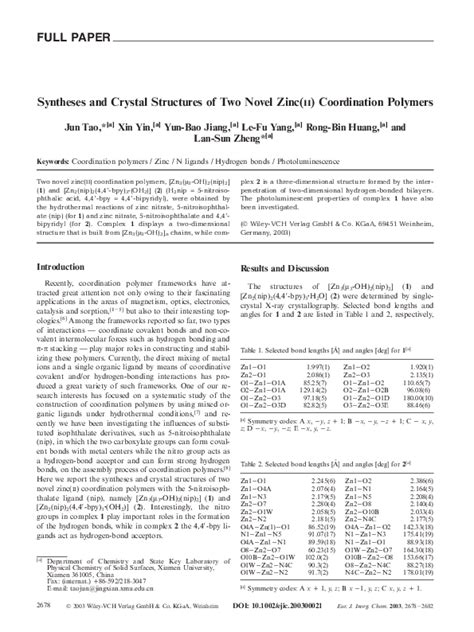 Pdf Syntheses And Crystal Structures Of Two Novel Zincii Coordination Polymers