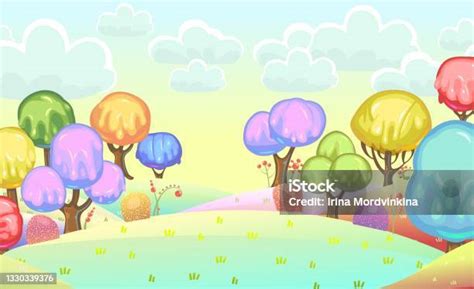 사탕 배경 만화 달콤한 땅 젤리 아이스크림 캐러멜의 구슬 초콜릿 귀여운 어린이 요정 풍경 구름 아름다운 환상적인 일러스트레이션 벡터 귀여운에 대한 스톡 벡터 아트 및 기타