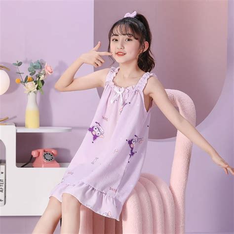New Sanrio Kuromi Pyjamas Slip Dress Girls Summer Bubble Cotton Dress