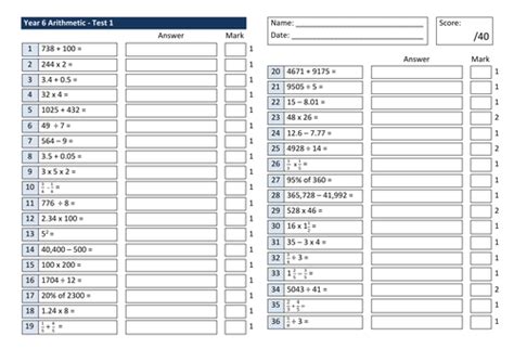 Year 6 One Page Arithmetic Test Teaching Resources