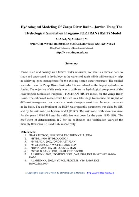 Pdf Hydrological Modeling Of Zarqa River Basin Jordan Using The