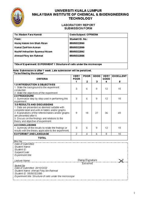 Experiment 1 Structure Of Cells Under The Microscope UNIVERSITI KUALA LUMPUR MALAYSIAN