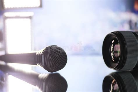 The Microphone On The Stage In Front Of The Hall Performance On Stage The Microphone On The Stage In Front Of The Hall Performance On Stage