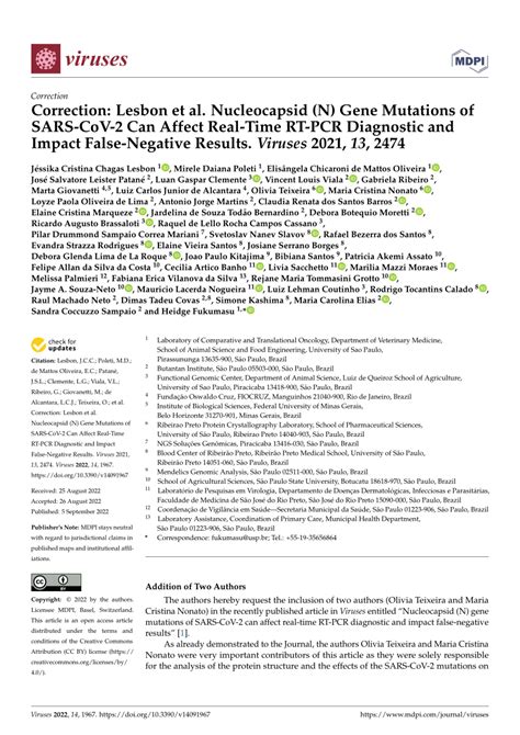 Pdf Correction Lesbon Et Al Nucleocapsid N Gene Mutations Of Sars Cov 2 Can Affect Real