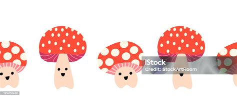 귀여운 두꺼비도구 원활한 벡터 테두리 미소 짓는 얼굴로 수평 반복 어린이 패턴 버섯 곰팡이 패브릭 트림 어린이 어린이 장식 풋터 카드 장식용 표면 패턴 디자인 버섯에 대한